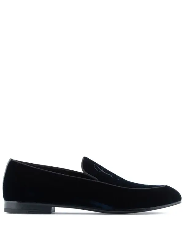 Giorgio Armani Embroidered Logo Velvet Loafers - Blue
