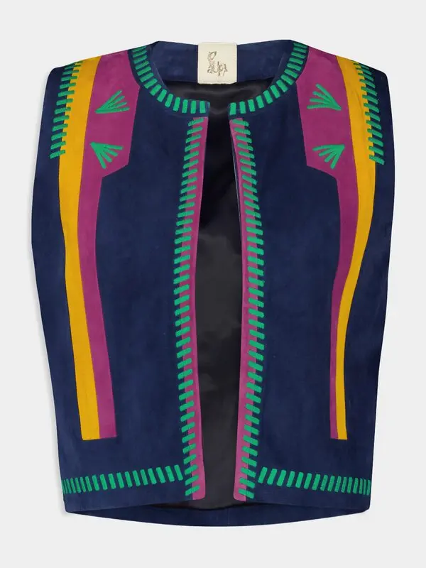 PAULA Name Pansy Estate Blue Embroidered Suede Vest - Multicolour