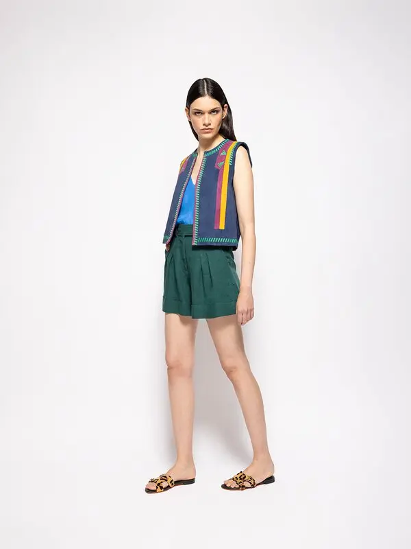 PAULA Name Pansy Estate Blue Embroidered Suede Vest - Multicolour