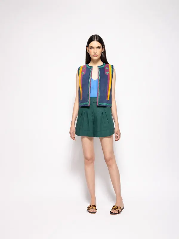 PAULA Name Pansy Estate Blue Embroidered Suede Vest - Multicolour