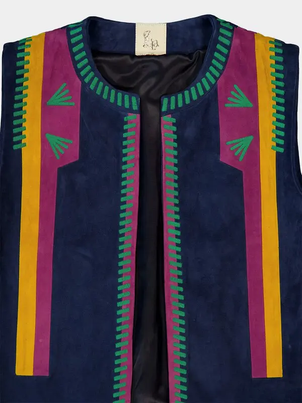 PAULA Name Pansy Estate Blue Embroidered Suede Vest - Multicolour