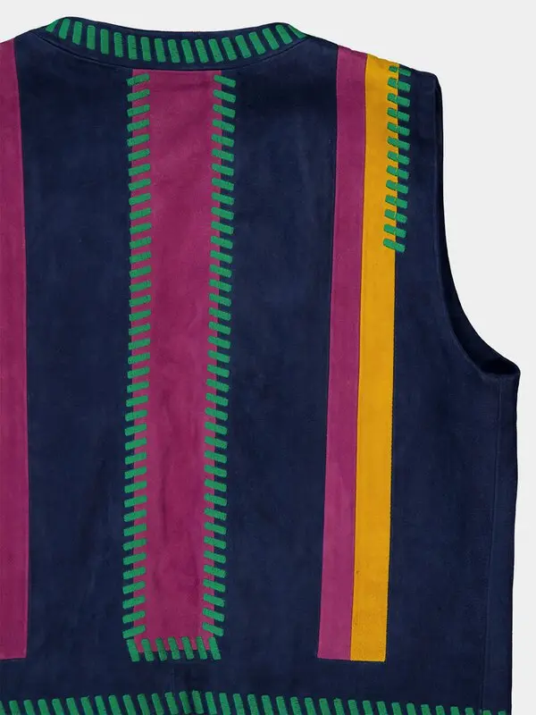 PAULA Name Pansy Estate Blue Embroidered Suede Vest - Multicolour