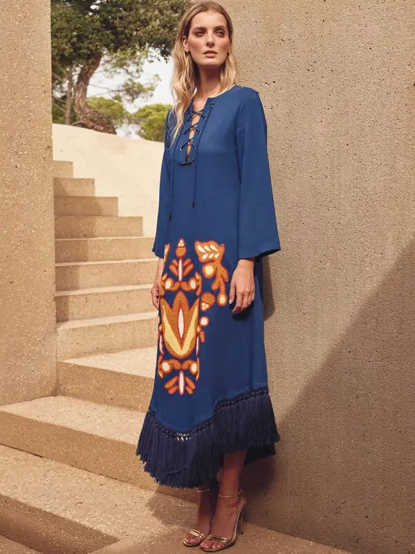 PAULA Chenille Embroidered Dress With Fringes - Multicolour