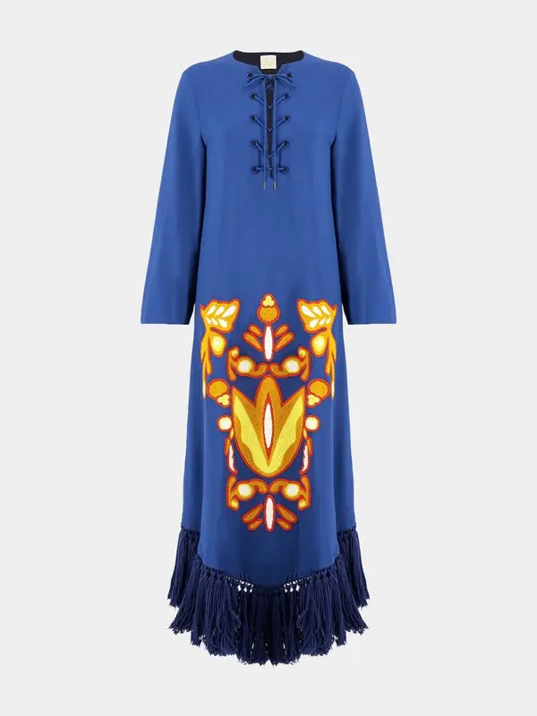PAULA Chenille Embroidered Dress With Fringes - Multicolour