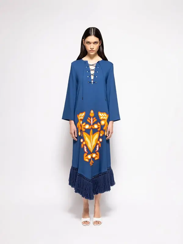 PAULA Chenille Embroidered Dress With Fringes - Multicolour