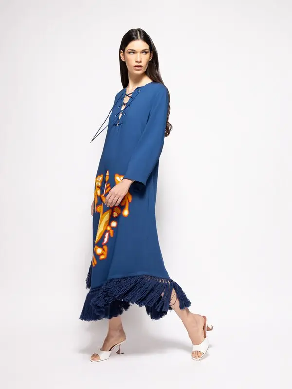 PAULA Chenille Embroidered Dress With Fringes - Multicolour