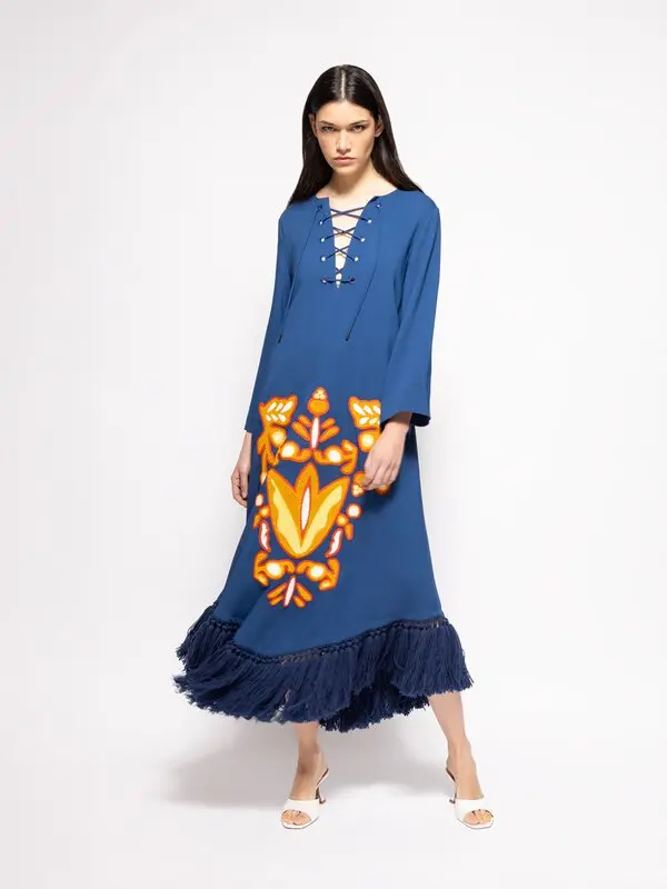 PAULA Chenille Embroidered Dress With Fringes - Multicolour