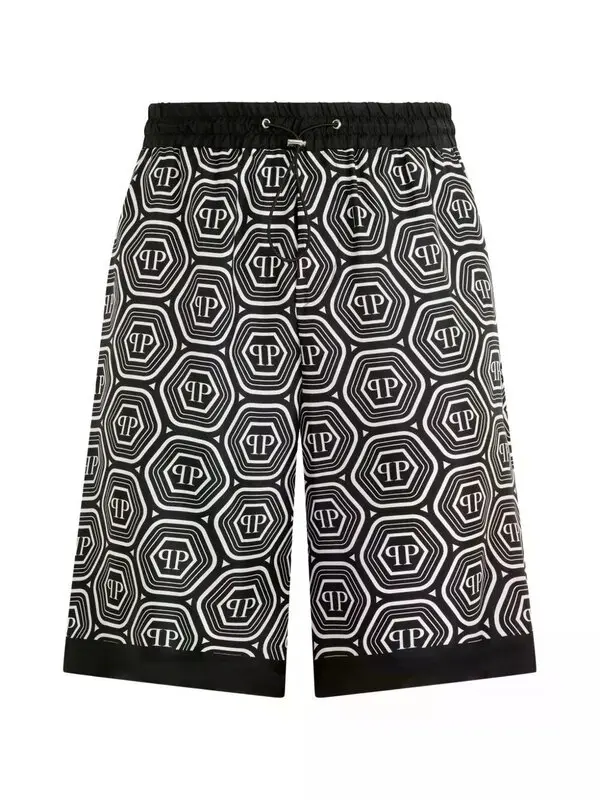 Philipp Plein Silk Monogram Drawstring Shorts - Black