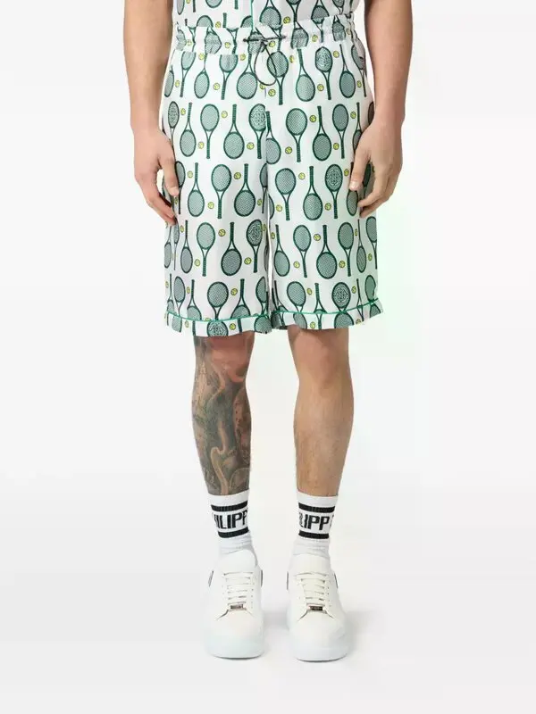 Philipp Plein Silk Tennis Print Drawstring Shorts