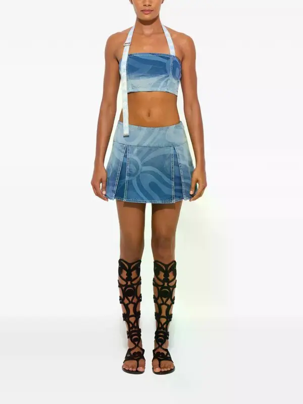 Emilio Pucci Marmo Print Denim Pleated Skirt