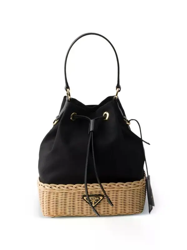 Prada Wicker And Canvas Bucket Bag - Black