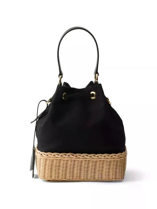 Prada Wicker And Canvas Bucket Bag - Black