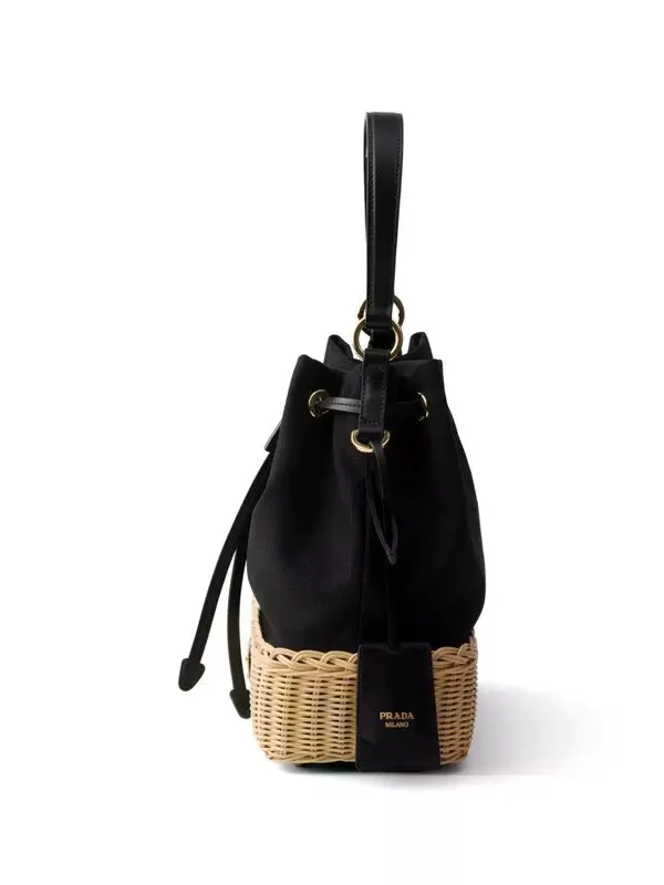 Prada Wicker And Canvas Bucket Bag - Black