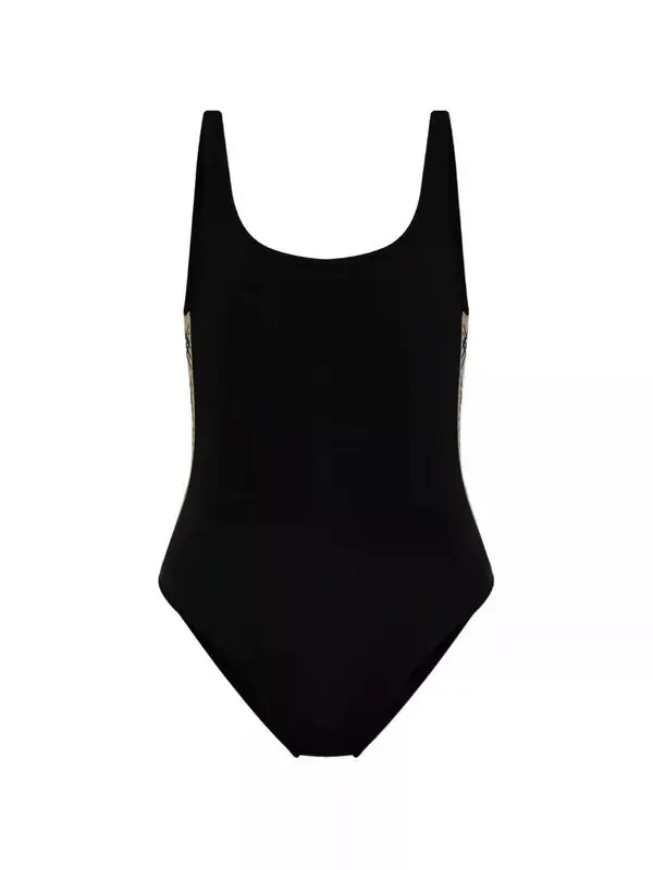 Burberry Swimsuit With Equestrian Knight Design And Check Trims - Black