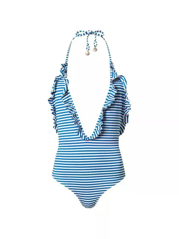 TWINSET Striped Ruffled Bathing Suit - Blue