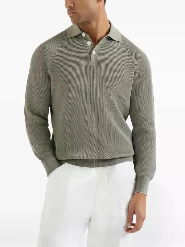 Brunello Cucinelli Cotton English Rib Knit Polo With Long Raglan Sleeves