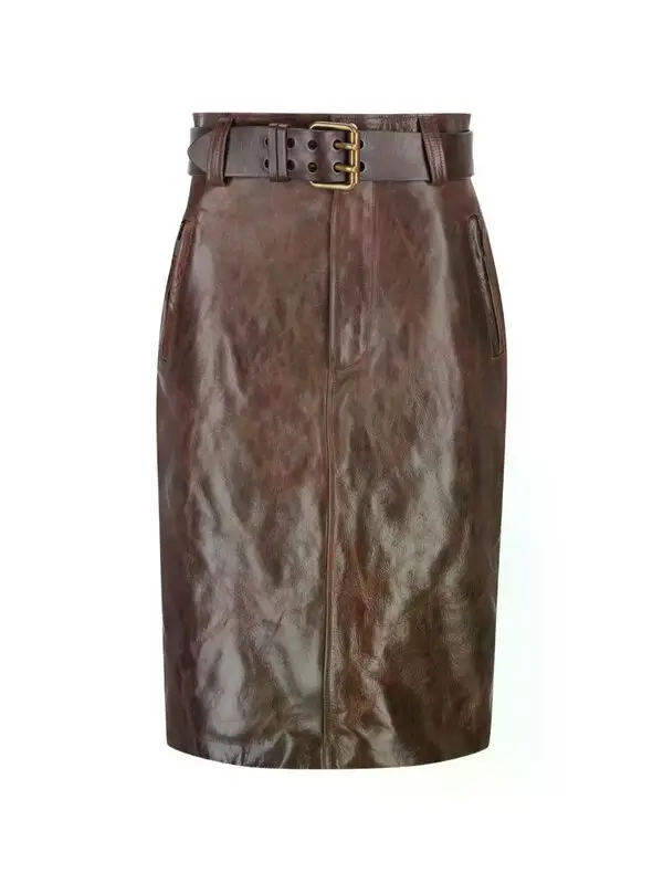 Saint Laurent Belted Leather Midi Skirt - Brown