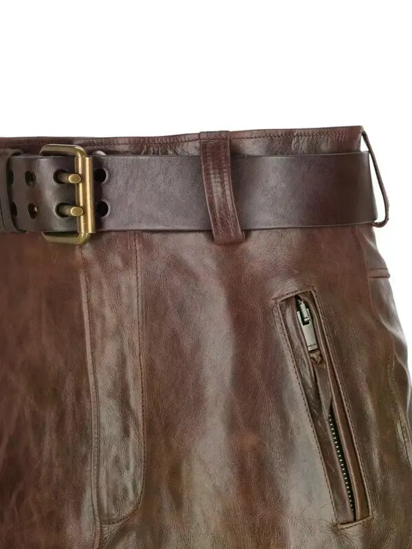 Saint Laurent Belted Leather Midi Skirt - Brown