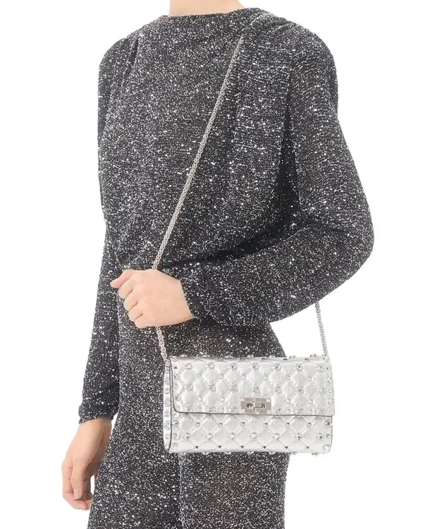 Valentino Garavani Rockstud Spike Chain Quilted Leather Crossbody Bag - Silver