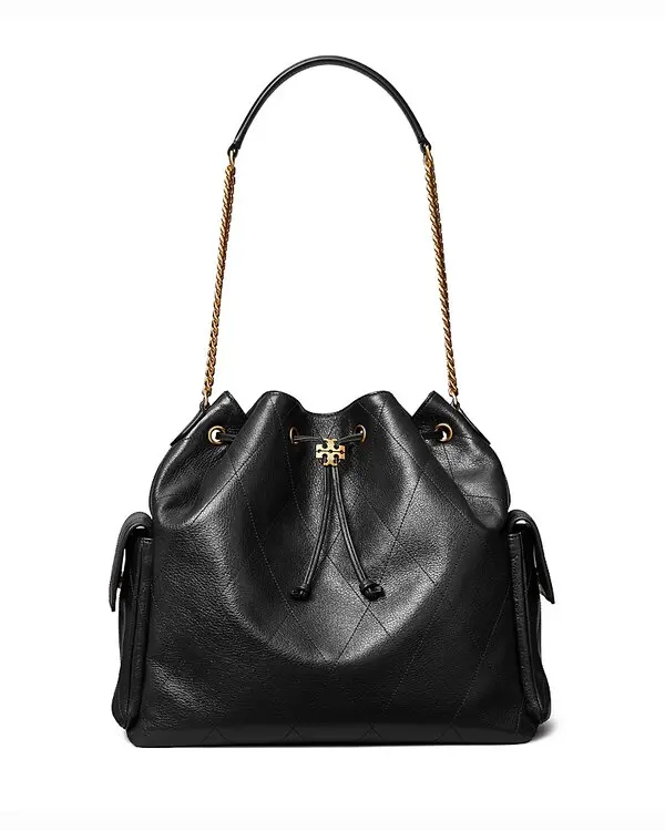 Tory Burch Charlie Large Quilted Leather Drawstring Shoulder Bag - Black