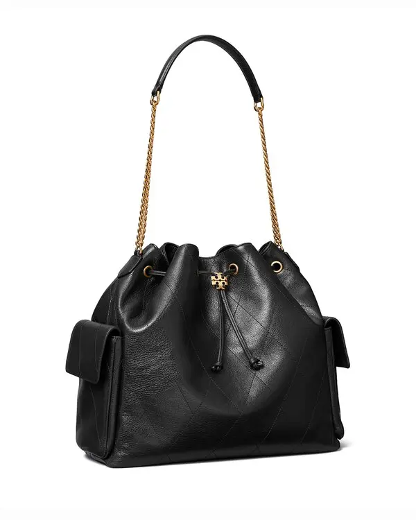 Tory Burch Charlie Large Quilted Leather Drawstring Shoulder Bag - Black