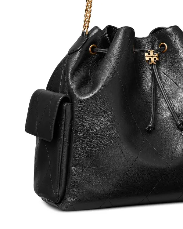 Tory Burch Charlie Large Quilted Leather Drawstring Shoulder Bag - Black