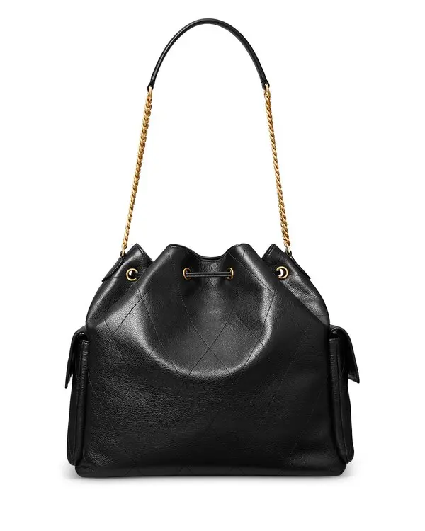 Tory Burch Charlie Large Quilted Leather Drawstring Shoulder Bag - Black