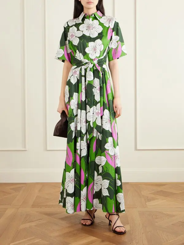 Borgo De Nor Floral-print Cotton Maxi Shirt Dress - Green