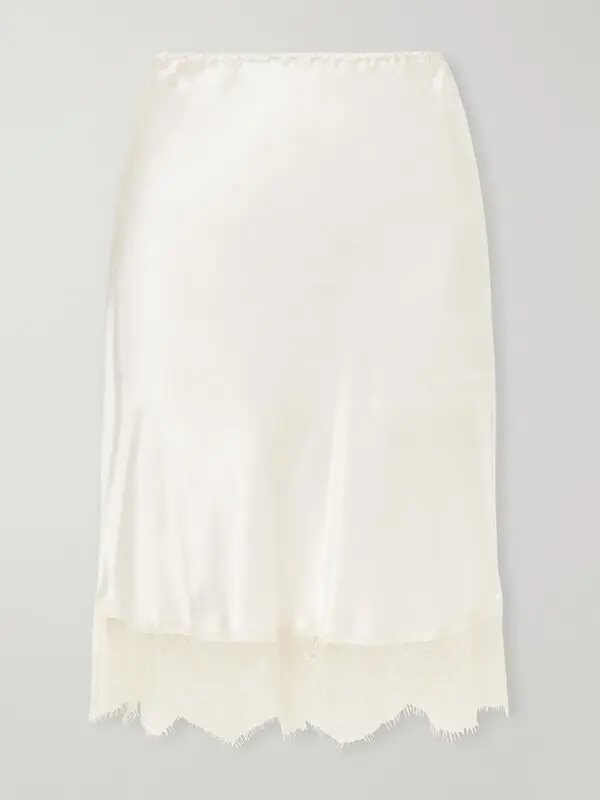 Carine Gilson Lace-trimmed Silk-satin Midi Skirt - Neutrals