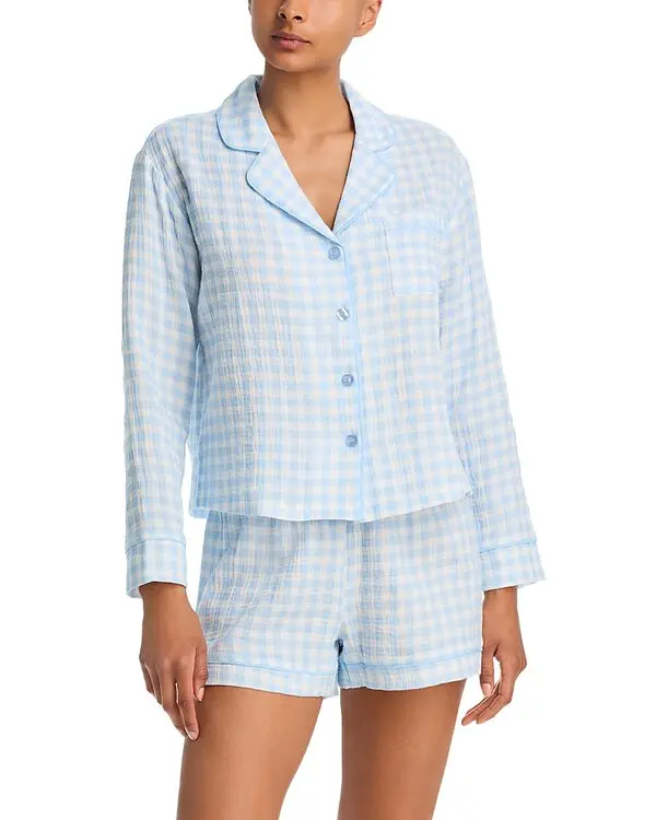 Aqua Gingham Print Shorts Pajama Set - Ice Blue