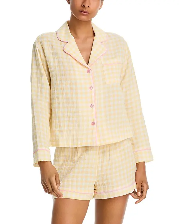 Aqua Gingham Print Shorts Pajama Set - Sunshine
