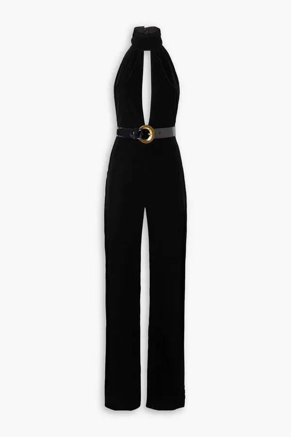 TOM FORD Belted Cutout Stretch-velvet Halterneck Jumpsuit - Black