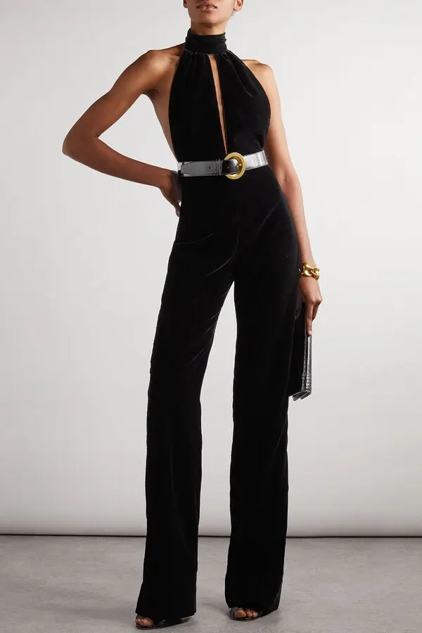 TOM FORD Belted Cutout Stretch-velvet Halterneck Jumpsuit