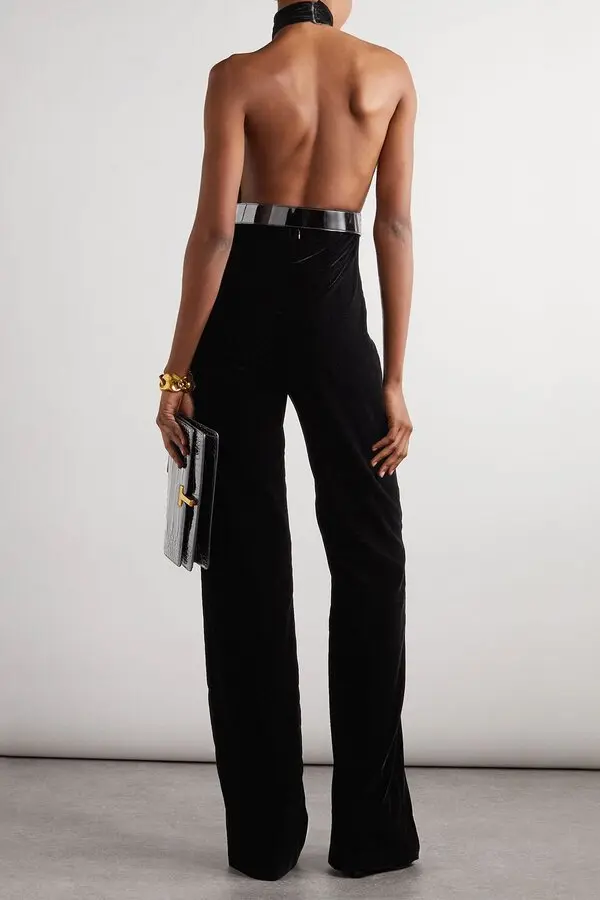 TOM FORD Belted Cutout Stretch-velvet Halterneck Jumpsuit
