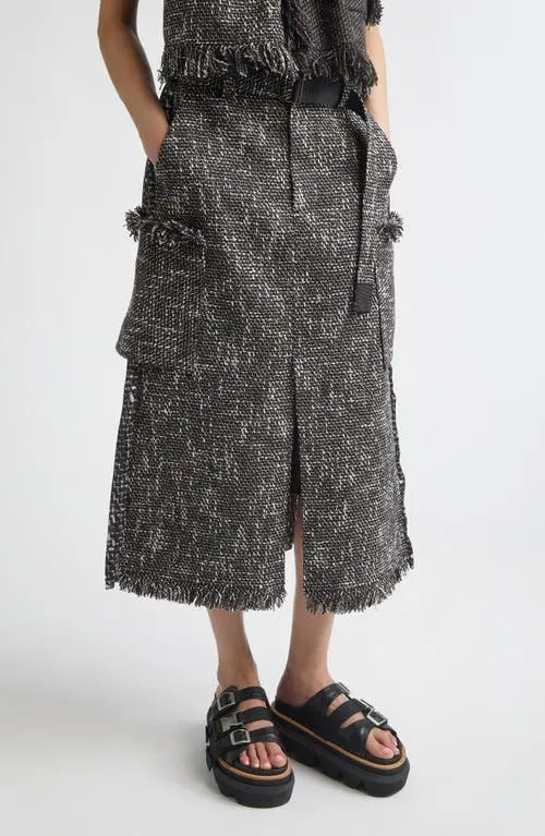 Sacai Mixed Media Fringe Tweed & Chiffon Skirt