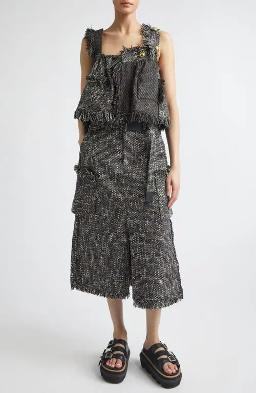 Sacai Mixed Media Fringe Tweed & Chiffon Skirt