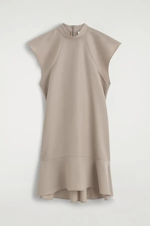 Cos Sculptural Fabric Turtleneck Dress With Flared Hem - Beige