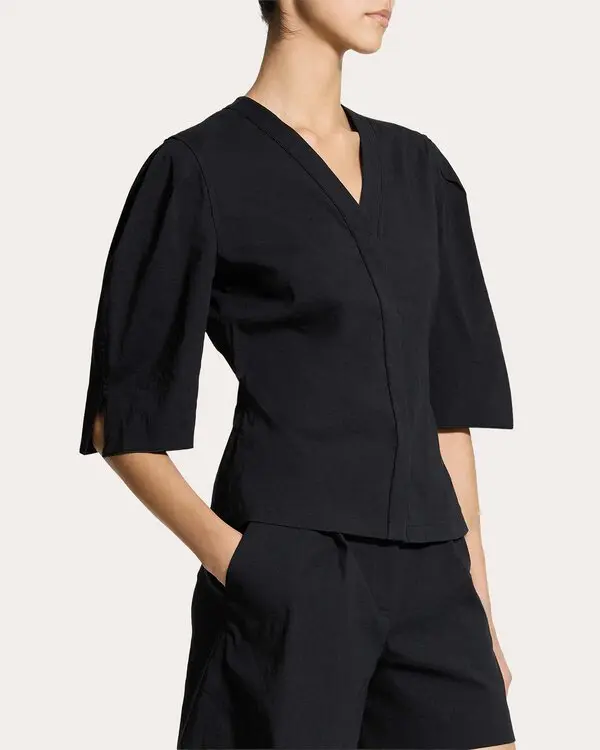 Theory Good Linen Round-sleeve Button-up Top - Black