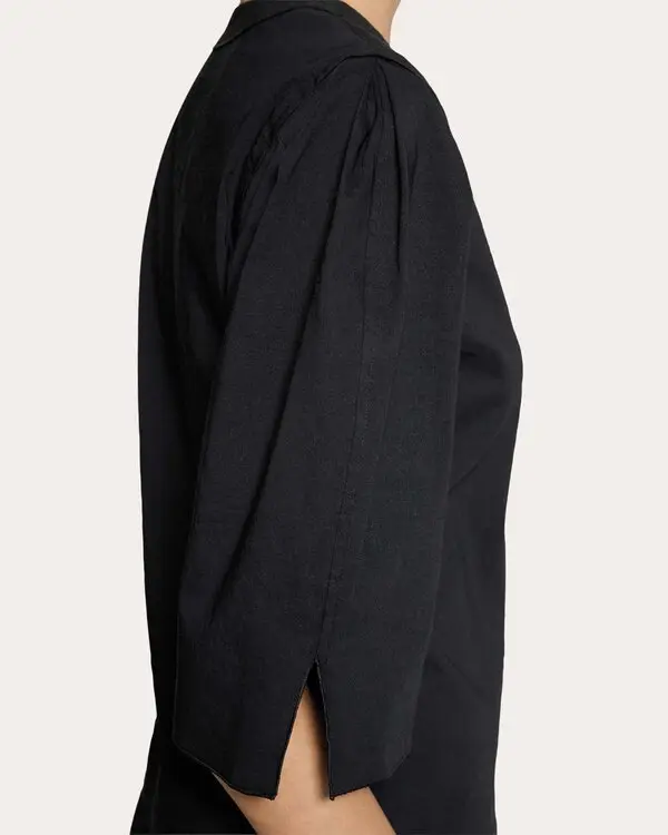 Theory Good Linen Round-sleeve Button-up Top - Black