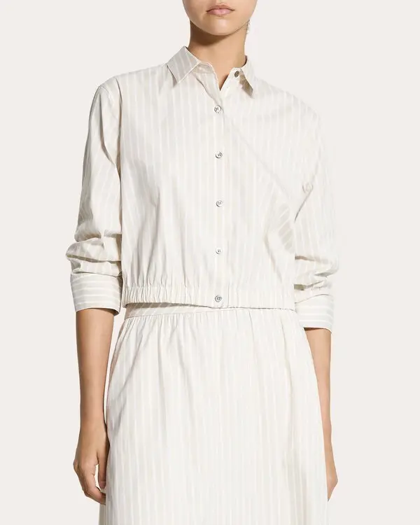 Theory Stripe Cotton Scrunched Crop Button-up Top - Neutral