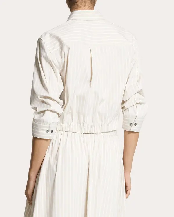 Theory Stripe Cotton Scrunched Crop Button-up Top - Neutral