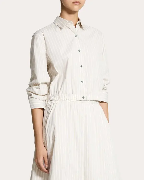Theory Stripe Cotton Scrunched Crop Button-up Top - Neutral