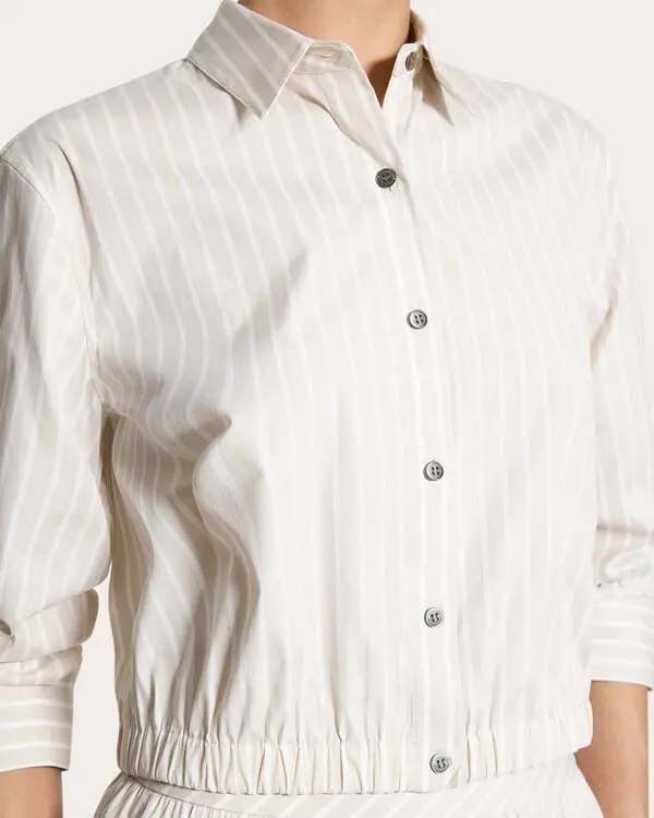 Theory Stripe Cotton Scrunched Crop Button-up Top - Neutral