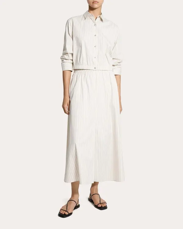 Theory Stripe Cotton Scrunched Crop Button-up Top - Neutral