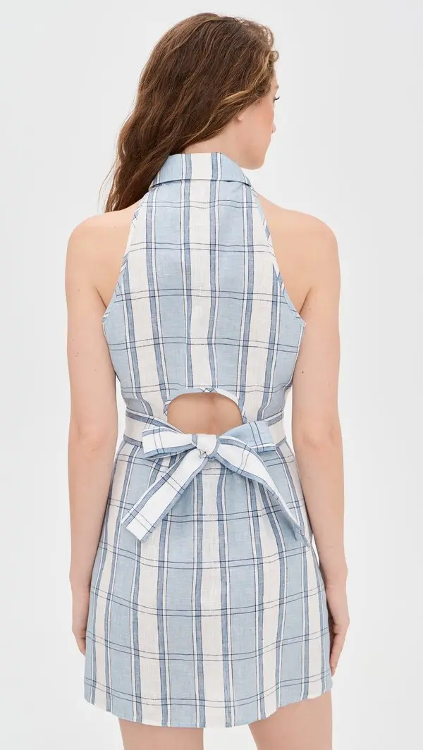 HEVRON Mini Plaid Linen Dress - Blue Plaid