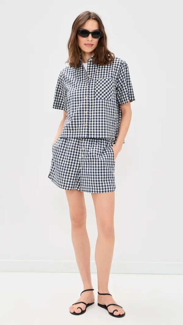 Marine Layer Gingham Check Poplin Boxer Shorts - Navy/white Gingham