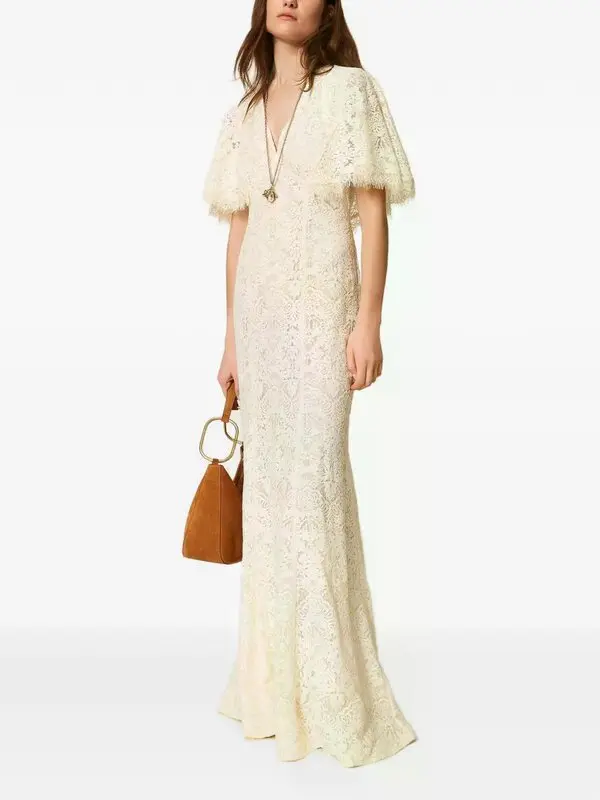 TWINSET Long Lace Dress With Ruffled Short Sleeves - Neutrals