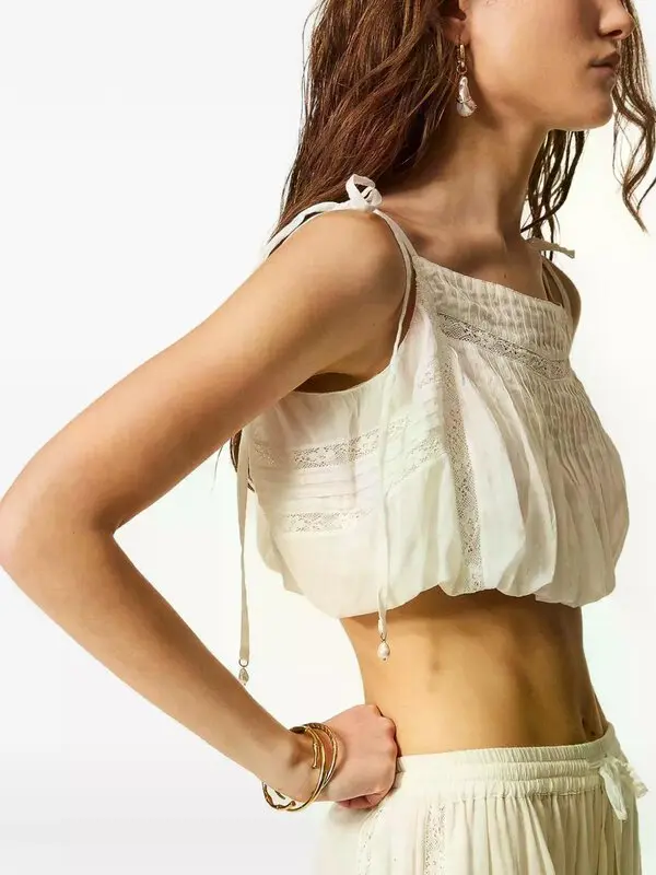 TWINSET Cropped Muslin Top With Lace And Pearl Detail