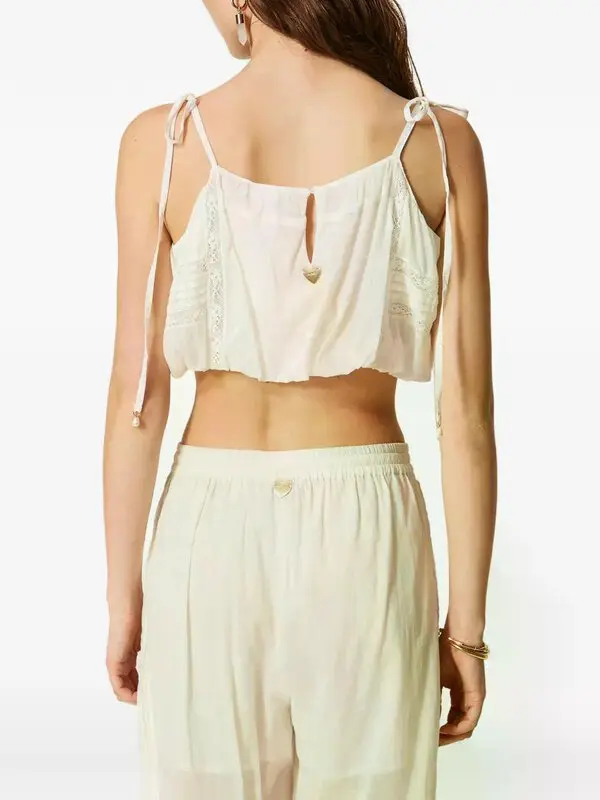 TWINSET Cropped Muslin Top With Lace And Pearl Detail