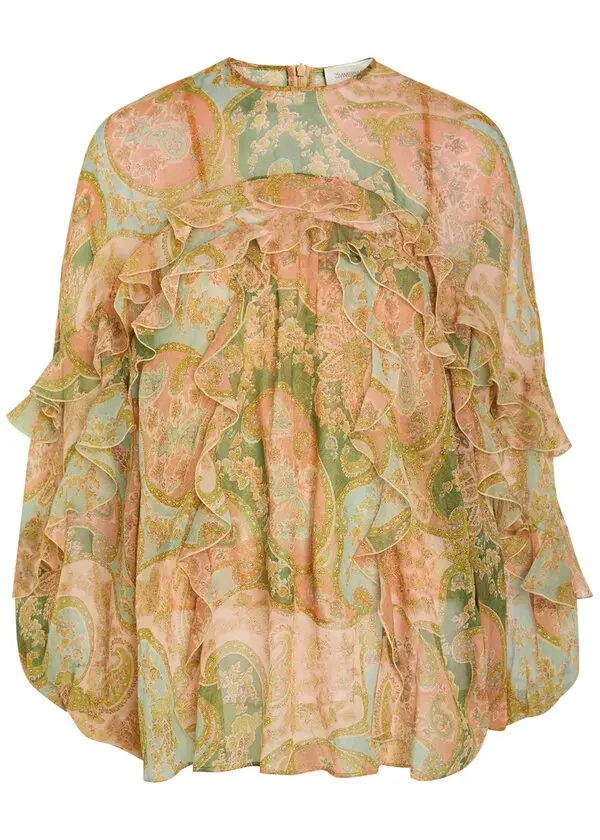 Zimmermann Luna Flutter Paisley Ruffled Silk Blouse - Sage